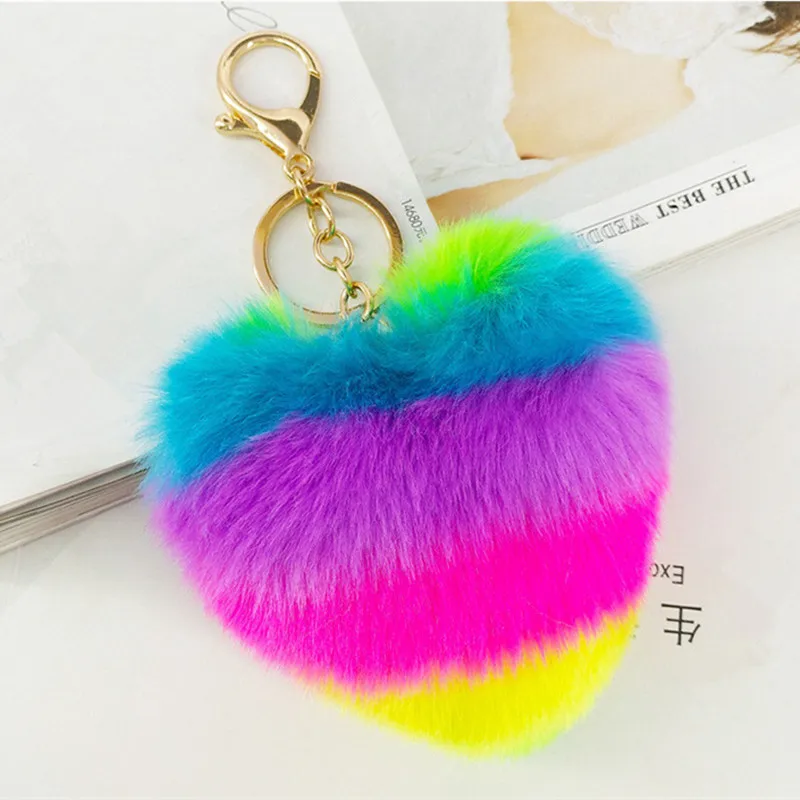 15x10cm Multi Color Heart Fur Keychain Fluffy Faux Rabbit Fur Pompom ...