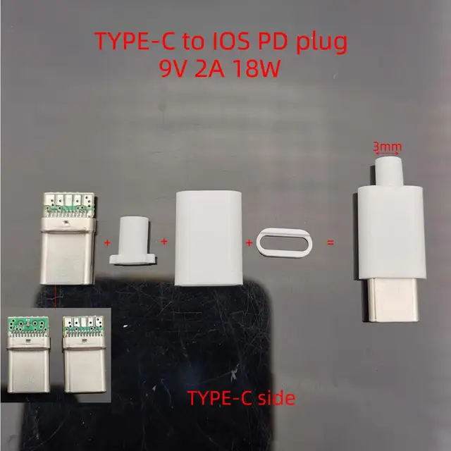 USB C to IOS welding Male plug connector with chip board 9V 2A 20W DIY ...