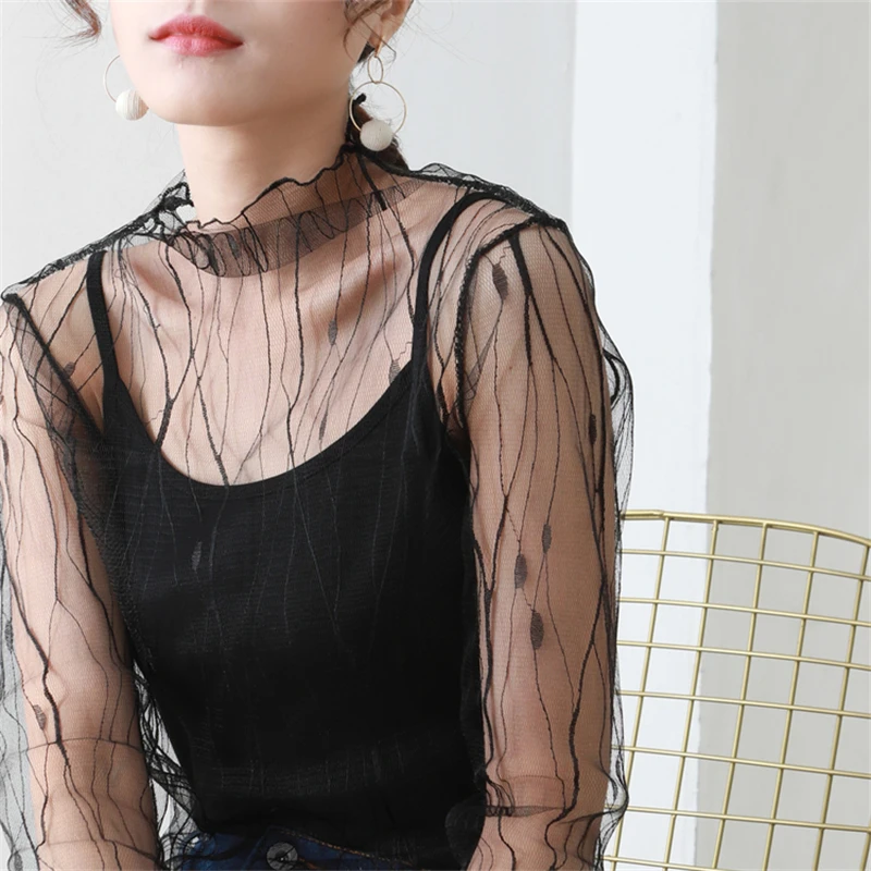 Top de malla de cuello alto para mujer, top transparente de rejilla de ...