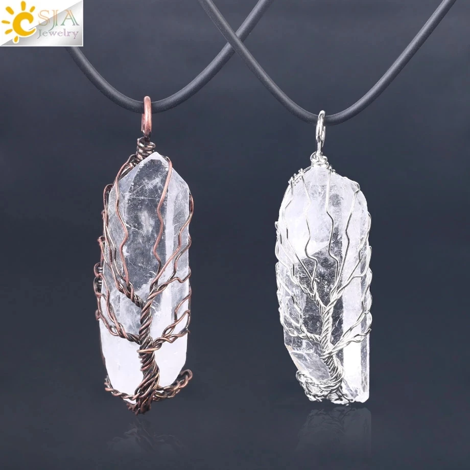 CSJA Natural Crystal Pillar Big Pendants Antique Copper Wire Wrapped ...