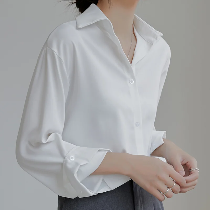 2021 가을 긴 소매 흰 셔츠 패션 여성 사무실 숙녀 의류 느슨한 캐주얼 안티 링클 디자인 셔츠 드레이프 탑스 17405셔츠