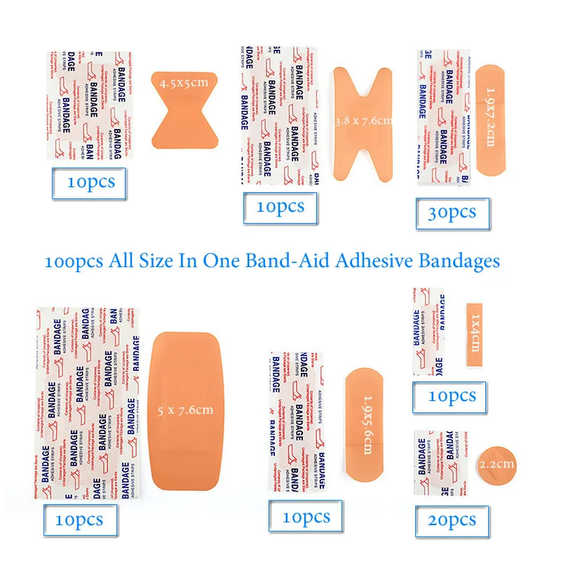 100Pcs PE Waterproof Band-Aid All Size Skin Adhesive Bandages First Aid ...
