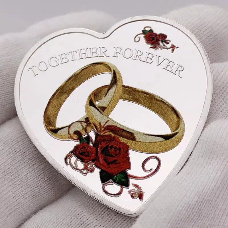 Heart-shaped Metal Coins Red Rose Rings Design Commemorative Silver ...