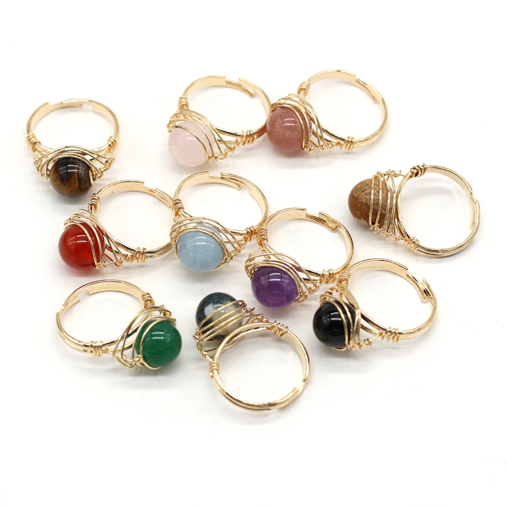 Elegant Handmade Gold Color Wire Wrap Ball Stone Finger Rings Reiki ...