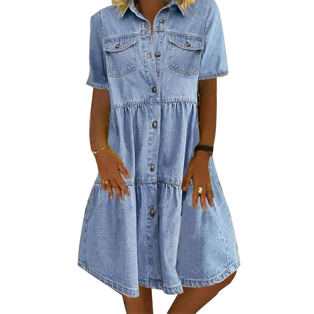 Blue-Collar-Short-Sleeve-Slim-Button-Dress-Solid-A-line-Raglan-Sleeve ...