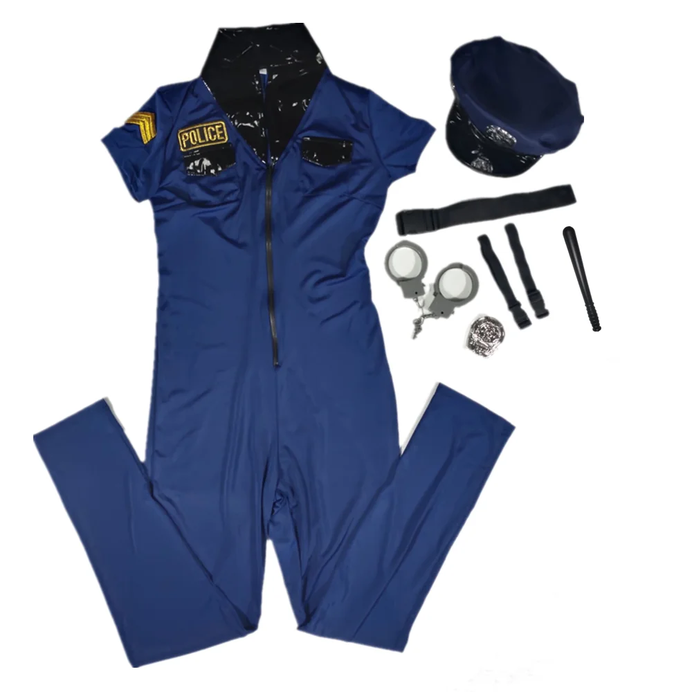 Adult Sexy Blue Cop Jumpsuit Costume Halloween Policewoman Cosplay ...