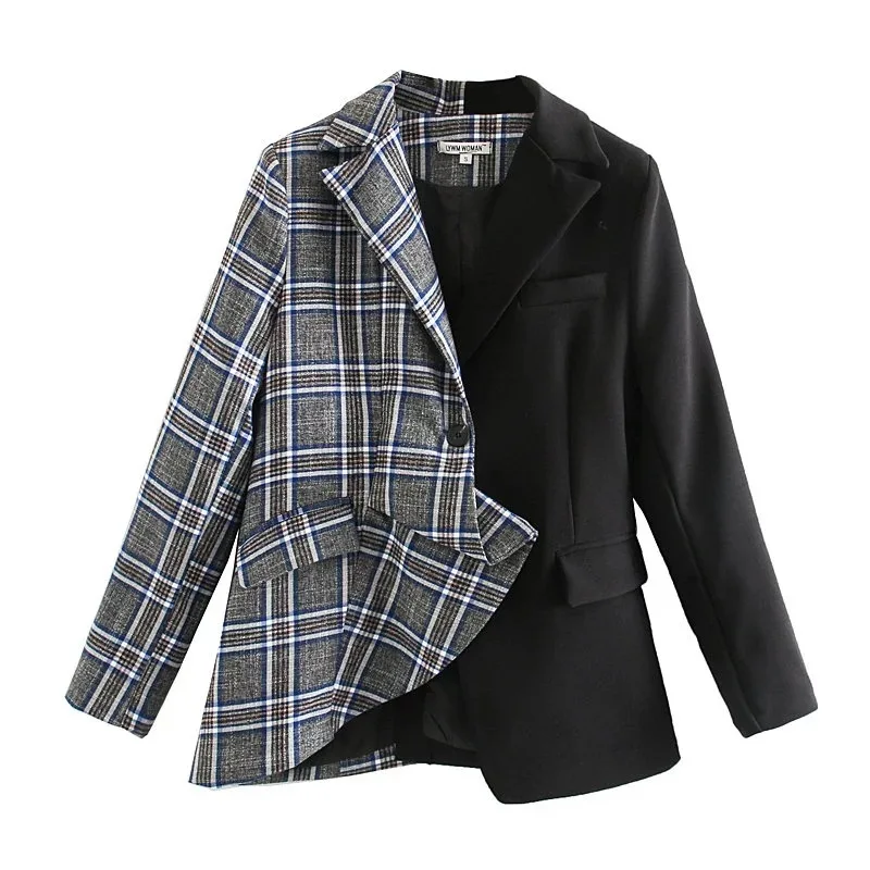 Wholesale contrast color long sleeve irregularity plaid check blazer ...