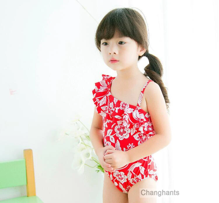 Girls Swimwear Red with Foral Pattern 2 7 Y Kids One Piece Swimsuit ...
