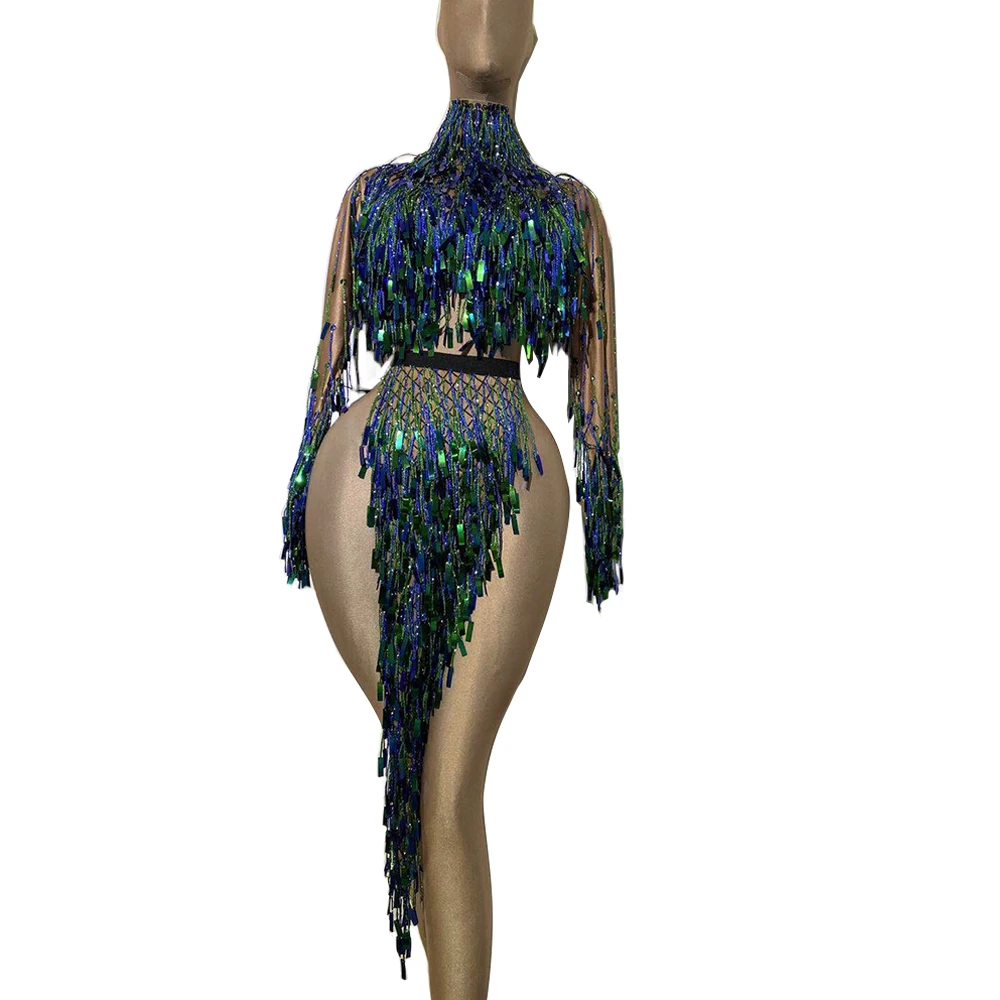 Sexy Tassel Sequins Dancer Stage Dress Party Celebrity Women Backless ...