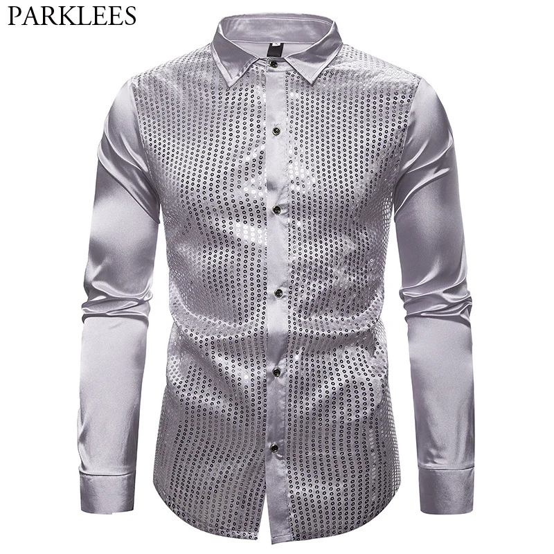 Smooth Silk Satin Men Shirt Shiny Sequin Shirts Men Fashion Glitter ...