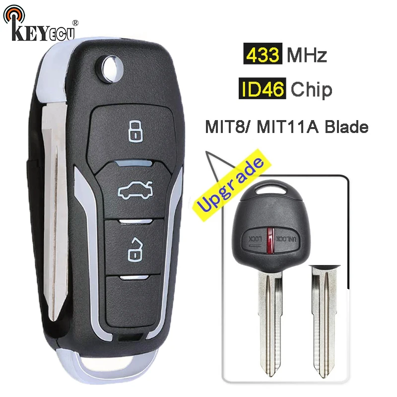 KEYECU 433MHz ID46 Upgraded Flip 2 Button Remote Key Fob for Mitsubishi ...