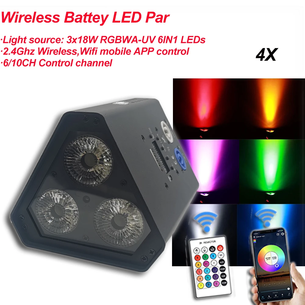 4Pcs-Lot-LED-2-4Ghz-APP-Wireless-Remote-Control-Battery-Par-Light-3x18W ...