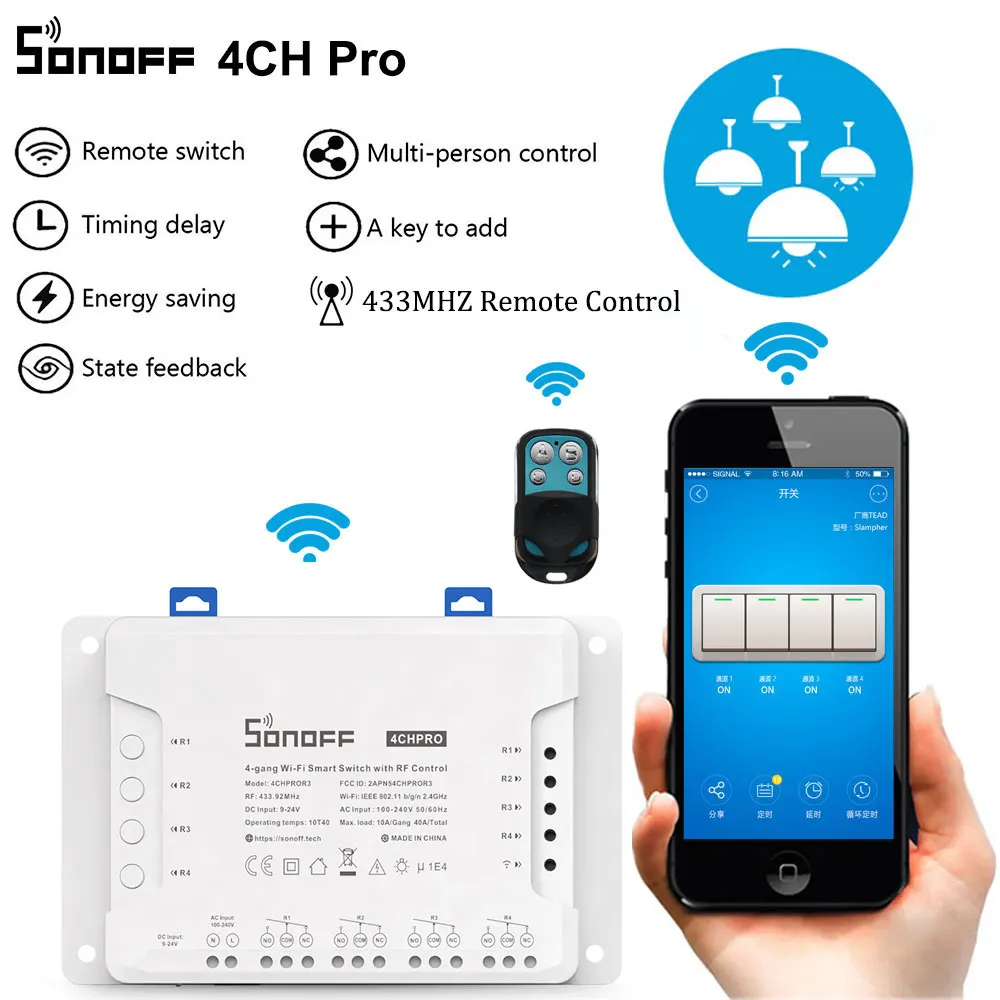 Sonoff 4CHProR3 Smart Wifi Light Switch 4 Gang, 3 Working Modes Inching ...