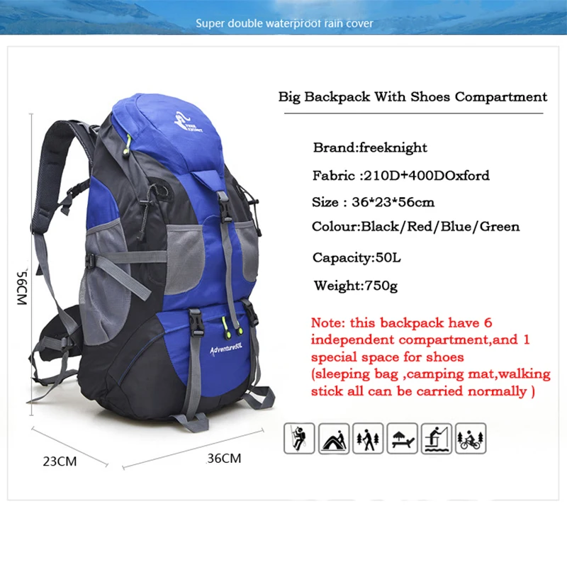50L Large Outdoor Waterproof Raincover Backpack Camping Bag Hiking ...
