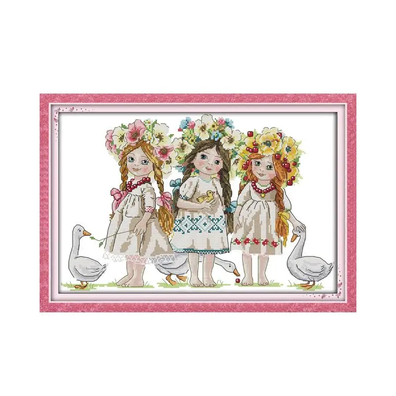 Young-girls-cross-stitch-kit-three-girls-with-flower-geese14ct-11ct ...