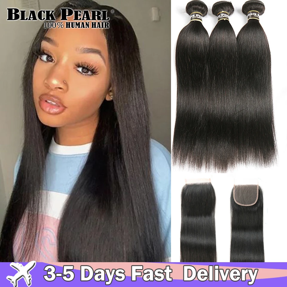 Black Pearl Pre Colored 3 Bundles with Closure Straight Human Hair ...