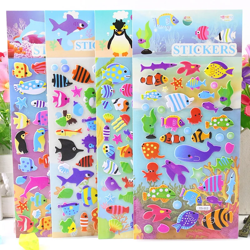4 Sheets/Set Marine Life Cartoon Fish Stickers Baby Kids Cute 3D Bubble ...
