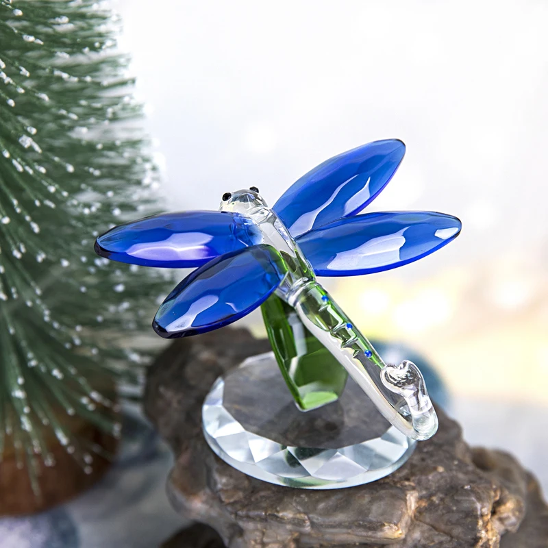 H&D Crystal Glass Animals Figurine Blue Standing Dragonfly Paperweight ...
