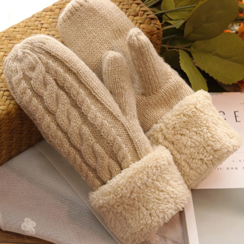 Fashion-Women-Twist-Flowers-Wool-Knit-MittensUnisex-Double-Thicken-Plus ...