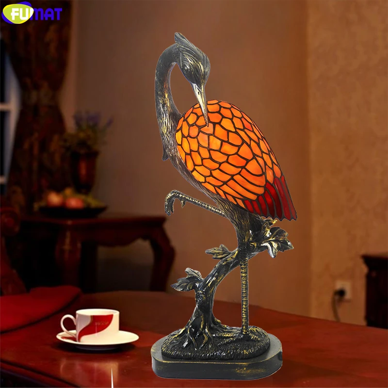 FUMAT Bird Cranes Tiffany Style Table Lamp Multi Stained Glass Desk ...