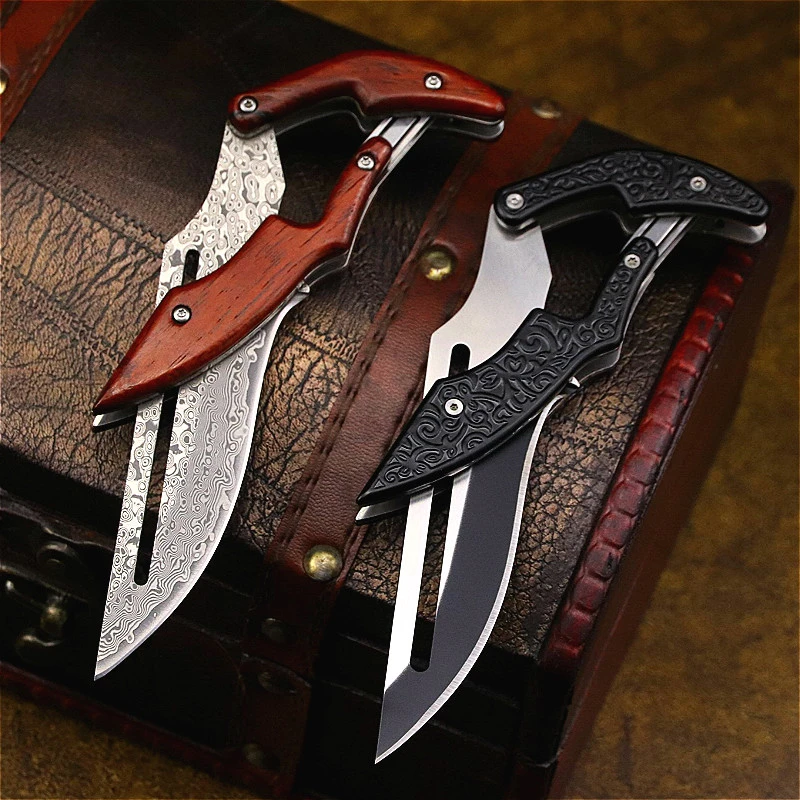 DEHONG Damascus Mechanical folding Knife Fashion D2 steel folding knife ...