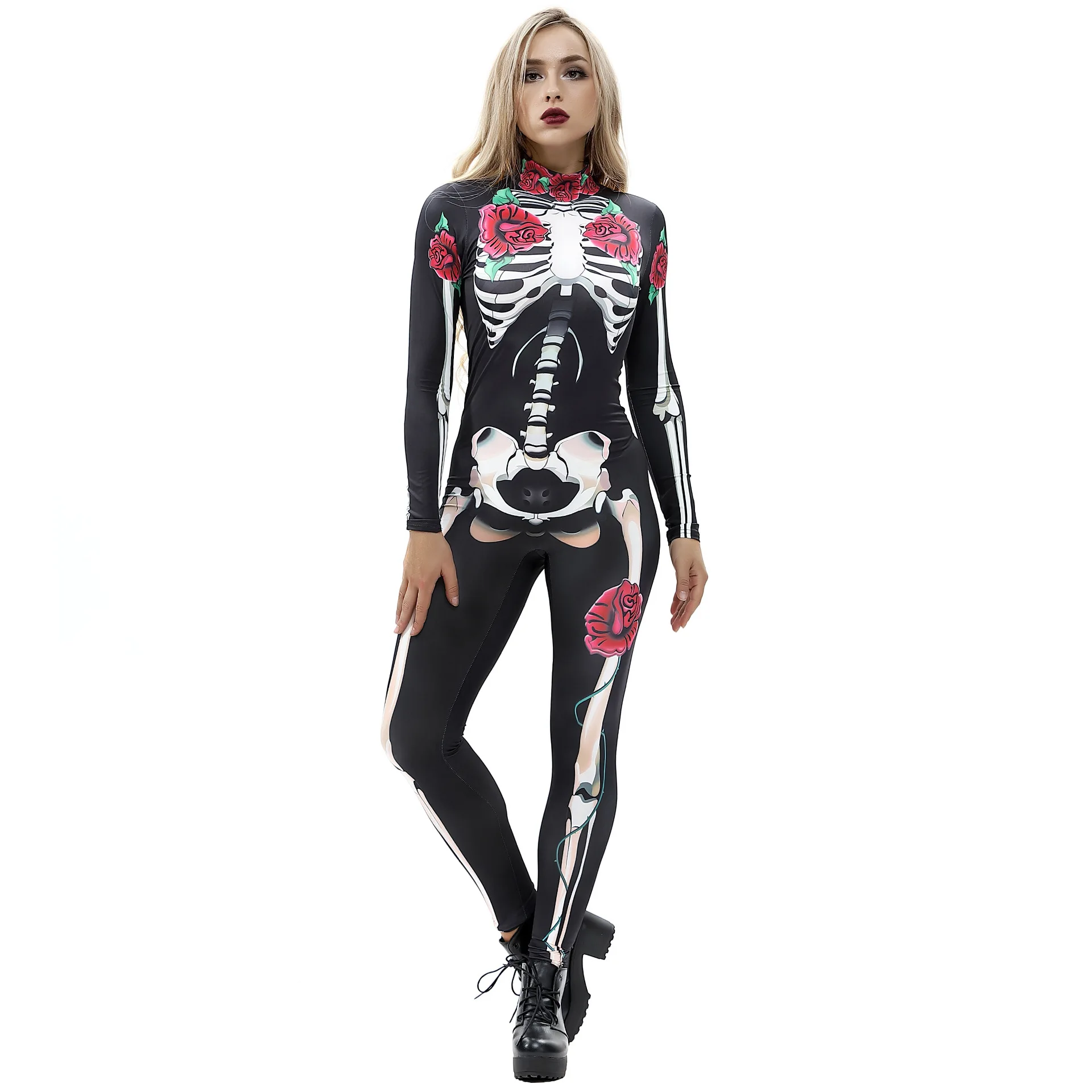 Scary Ghost Skeleton Print Long Sleeve Skull Bodysuit Cosplay Costume ...
