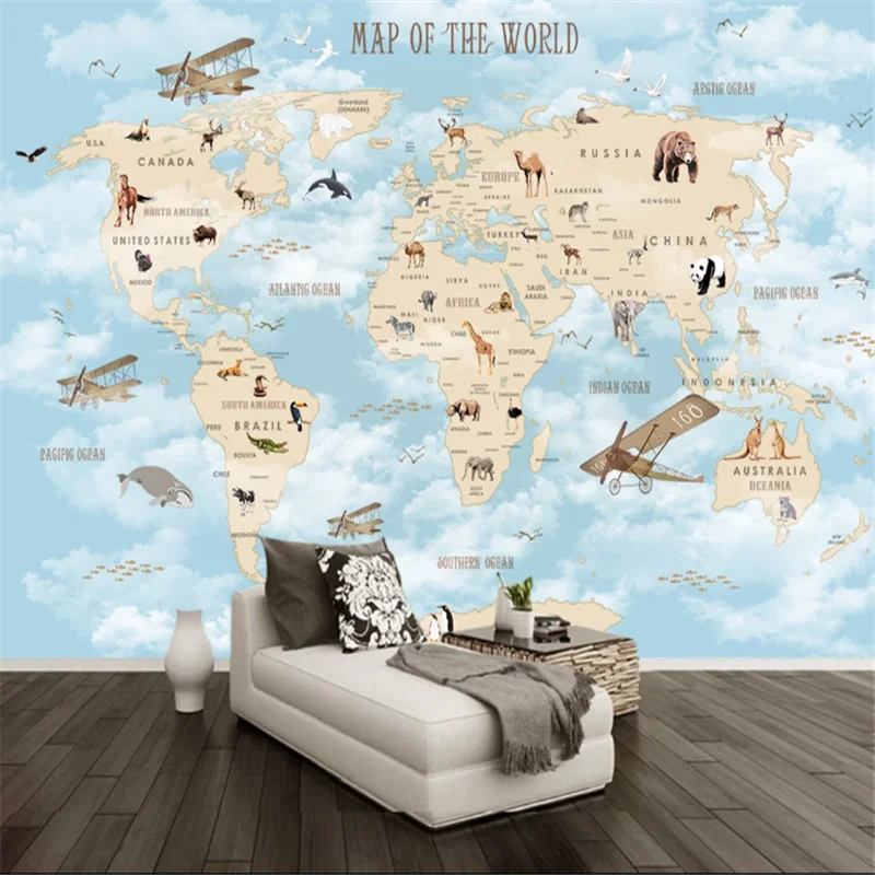 Custom Kids Wallpaper Cartoon World Map Mural For