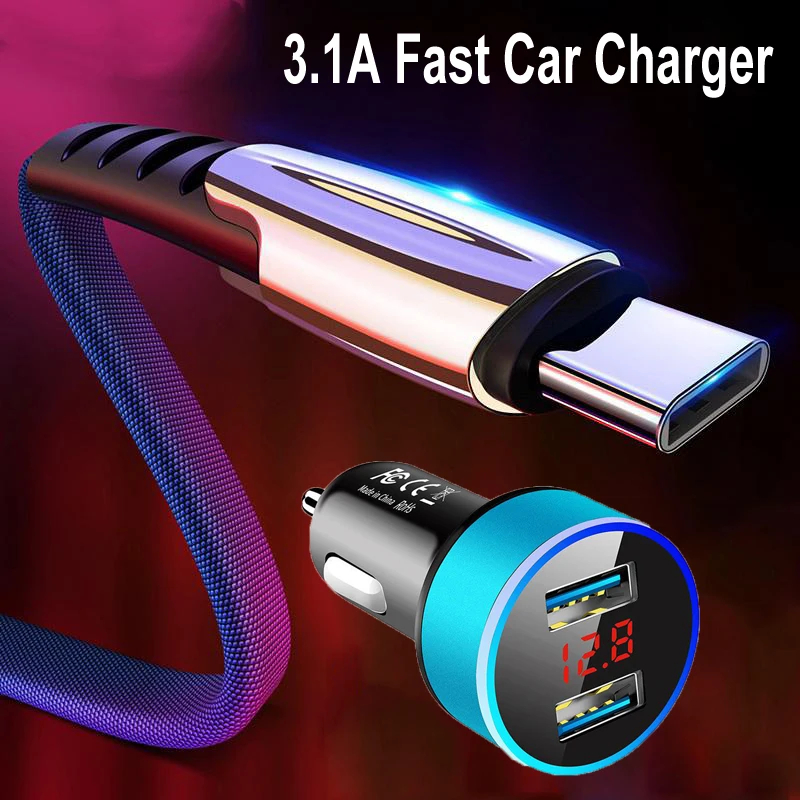 Car Charger Dual USB Adapter Fast Charging 5A Type-c USB Cable For OPPO ...