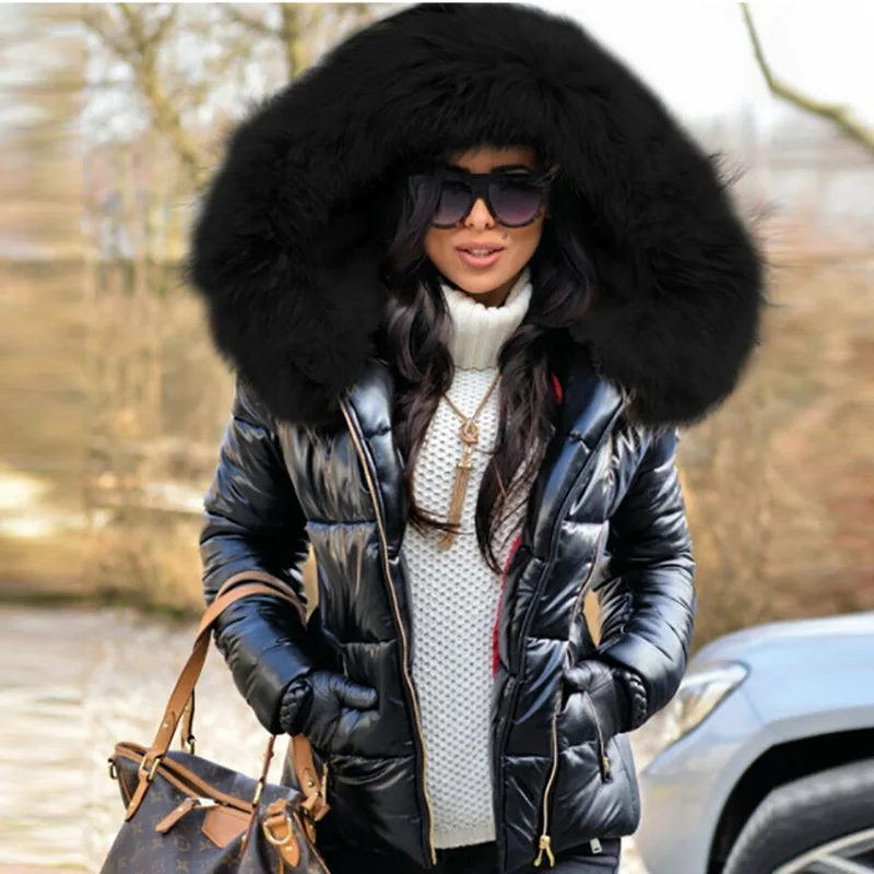 Women Thick Parka Fur Collar Hooded Jacket Coat 2021 Winter Ladies ...