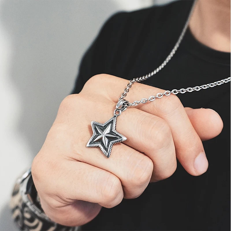 Men Necklace Chain Fashion Jewelry Star Pendant Stainless Steel Retro ...