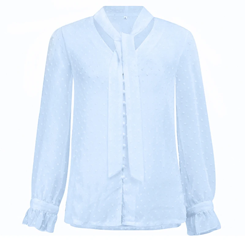 FREE SHIPPING Women Elegant Bow Tie Neck Polka Dot Pearls Button Blouse ...