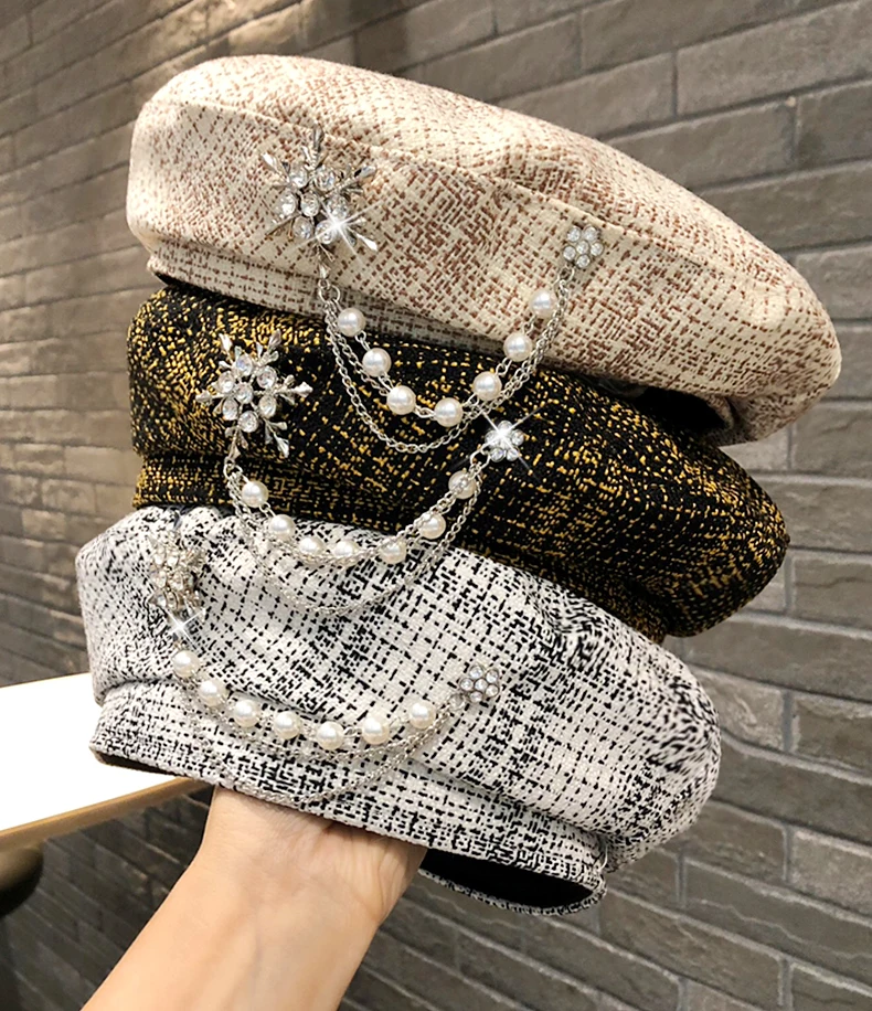 Fashion Luxury Diamond Decoration Beret Hat for Women French Designer ...