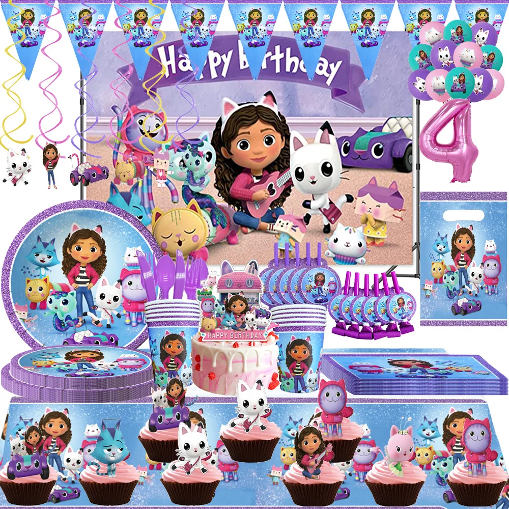 Suministros para Cumpleaños con Temática de Gabby Dollhouse, Juego de Cubiertos, Tazas, Platos ...