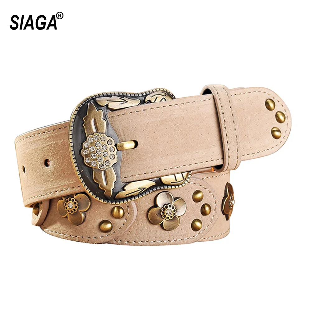 Ladies-Fashion-Quality-Cow-Genuine-Leather-Retro-Floral-Buckles-Metal ...