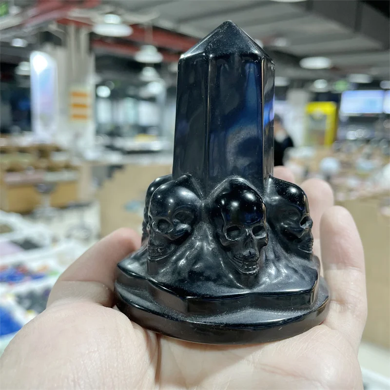 Natural-Obsidian-Black-Obelisk-Skull-Tower-Quartz-Stone-Point-Hexagonal ...