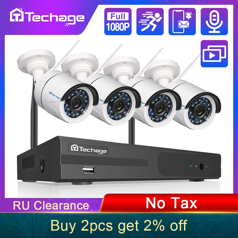 Techage 4CH 1080P Wireless NVR CCTV System Audio Record 2MP Waterproof ...