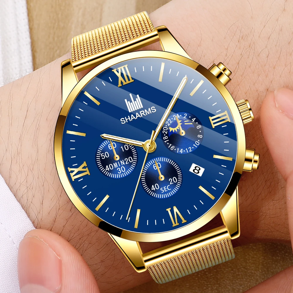 New Top Men Watches Male Calendar Stainless Steel Mesh Casual Quartz ...