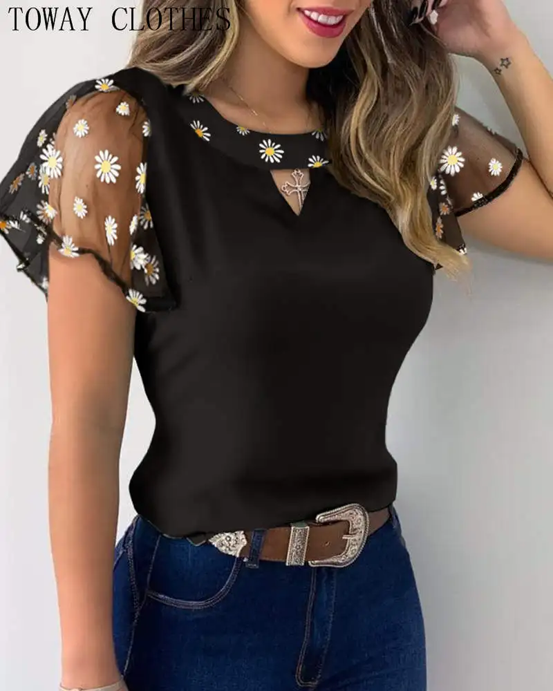 Women Sheer Mesh Flutter Sleeve Daisy Print Cutout Front Summer Hollow ...