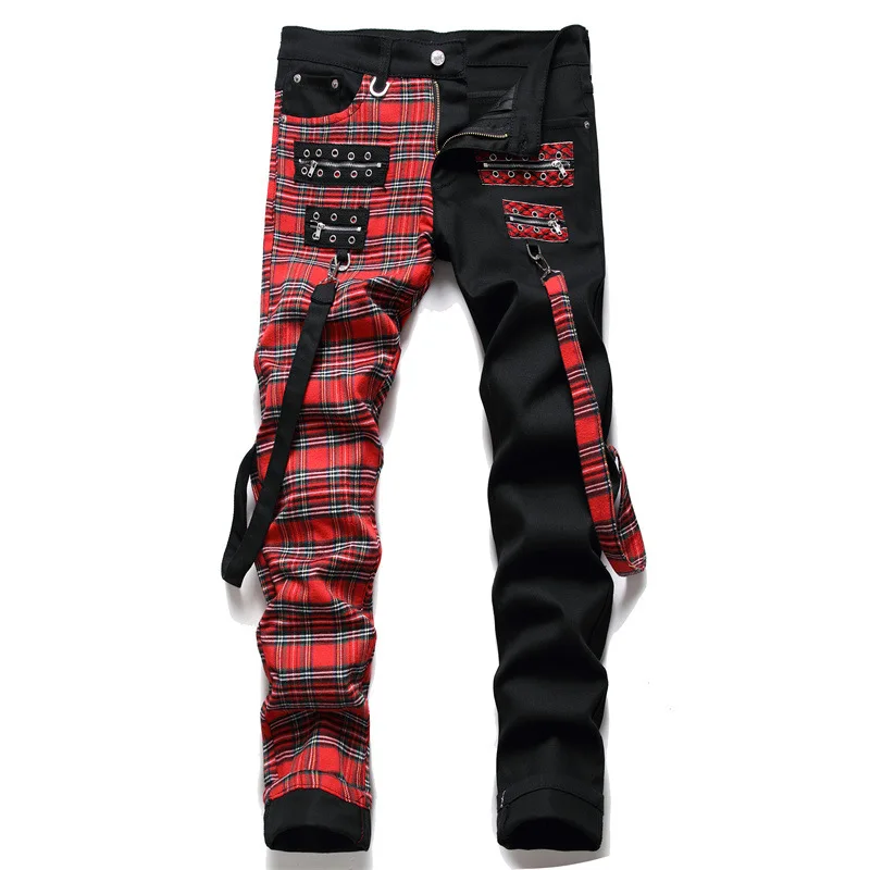 Neue Mode Rot Plaid Patchwork Punk Zipper Männer Bleistift Jeans Hosen ...