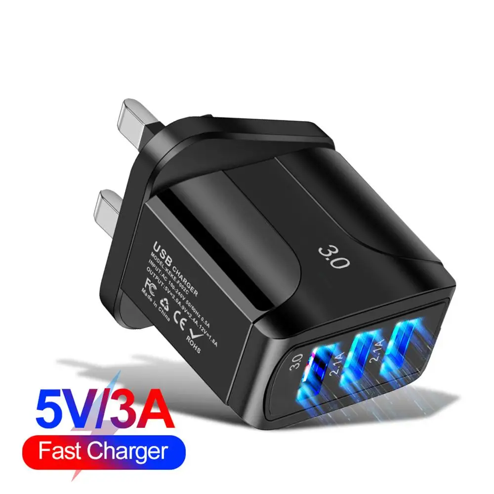 QC 3.0 Quick Charger 3A USB Plug Three Power Ports US EU UK plugs ...