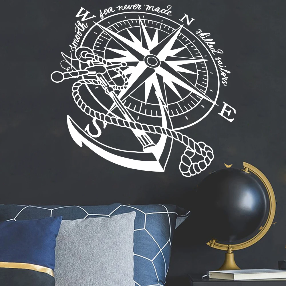 Modern Anchor Nautical Compass Rose Boat Wall Decal Kids Room Smooth Sea Never Made Skilled ...