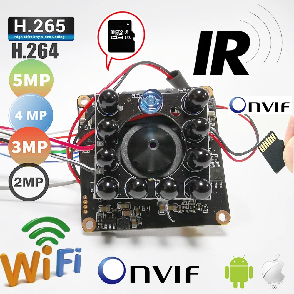 Camhi WiFi H.265 H.264 Wireless CCTV IP Camera SD Card 5MP PCB Board ...