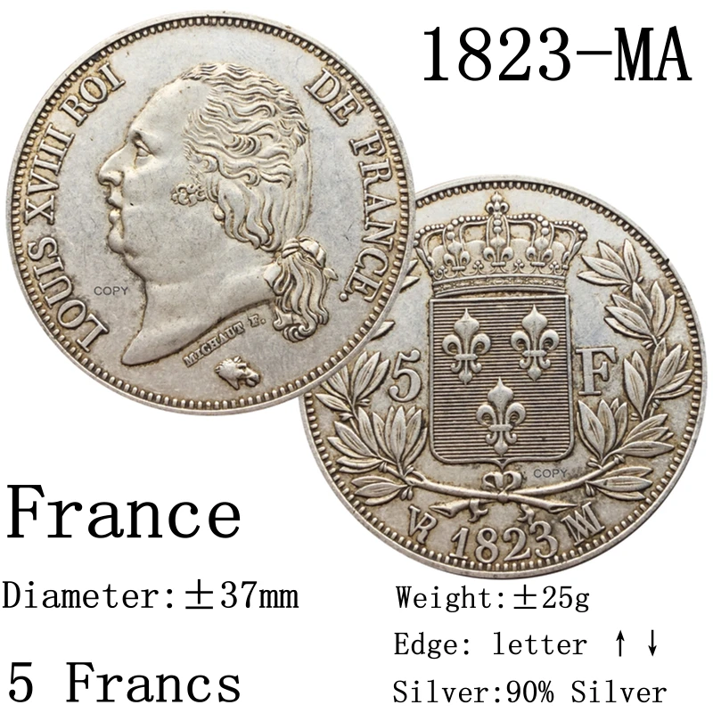 France 1823 Ma 5 Francs Louis Xviii Facing Left 90% Silver Copy Coin ...