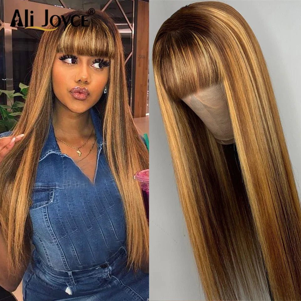 Ombre Human Hair Wigs With Bangs Brazillian Machine Made Wig Straight ...