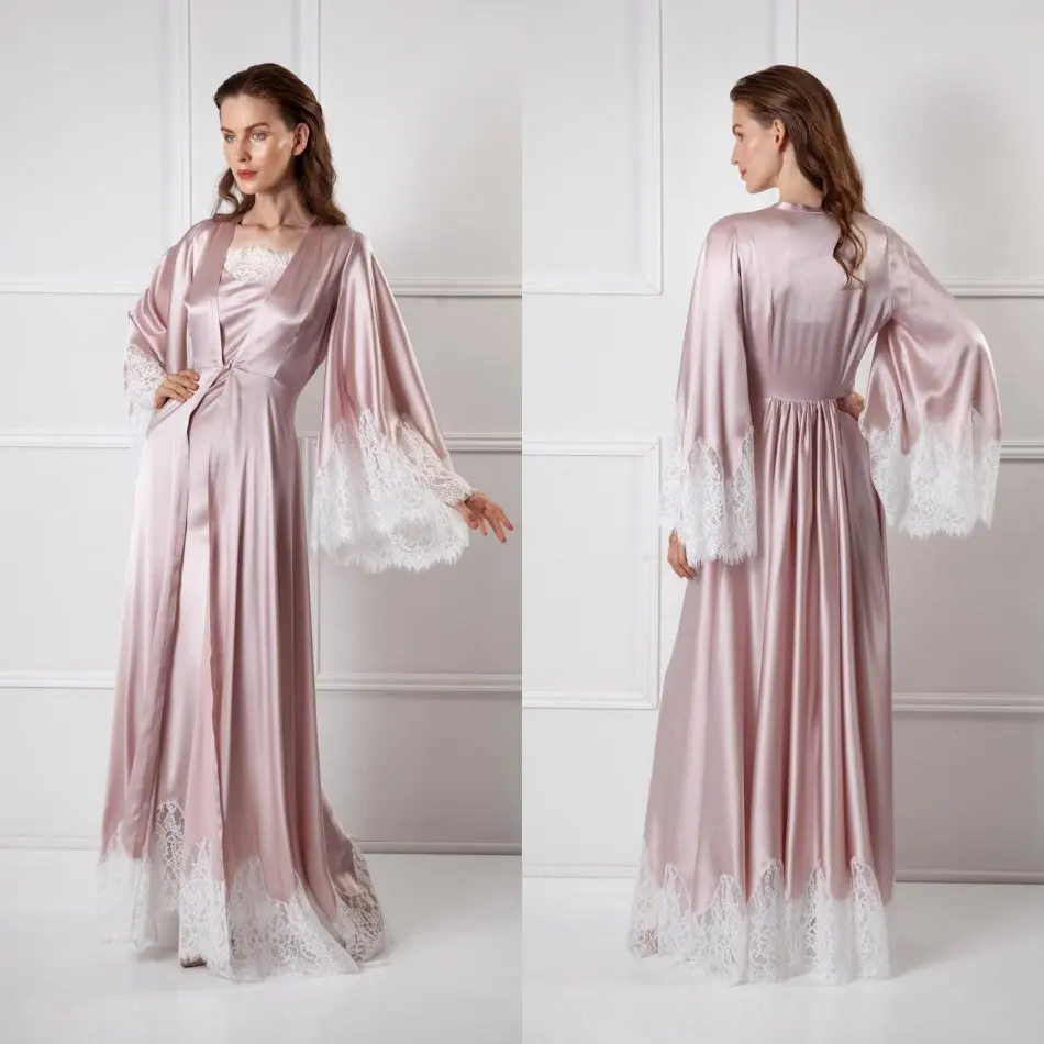 Two Pieces Women Sleepwear Bathrobe Long Silk Kimono Dressing Gown ...