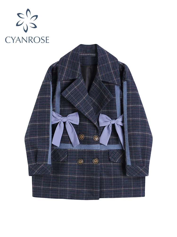 Women Preppy Style Vintage Plaid Suit Jacket Female Warm Bow Lapel ...