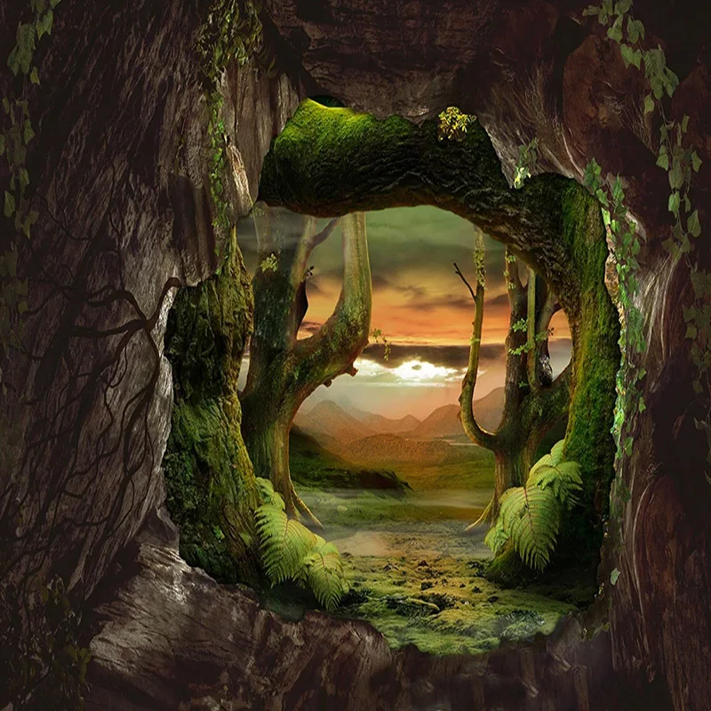 Custom 3D Photo Wallpaper Cave Stone Wall Primitive Forest Large Mural ...