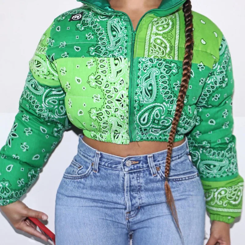 Womens Cropped Puffer Jacket Bandana Paisley Print Short Bubble Coat ...