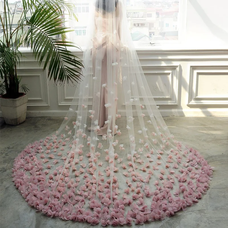 Velo de novia de catedral rosa, velo de novia con flores florales 3D ...