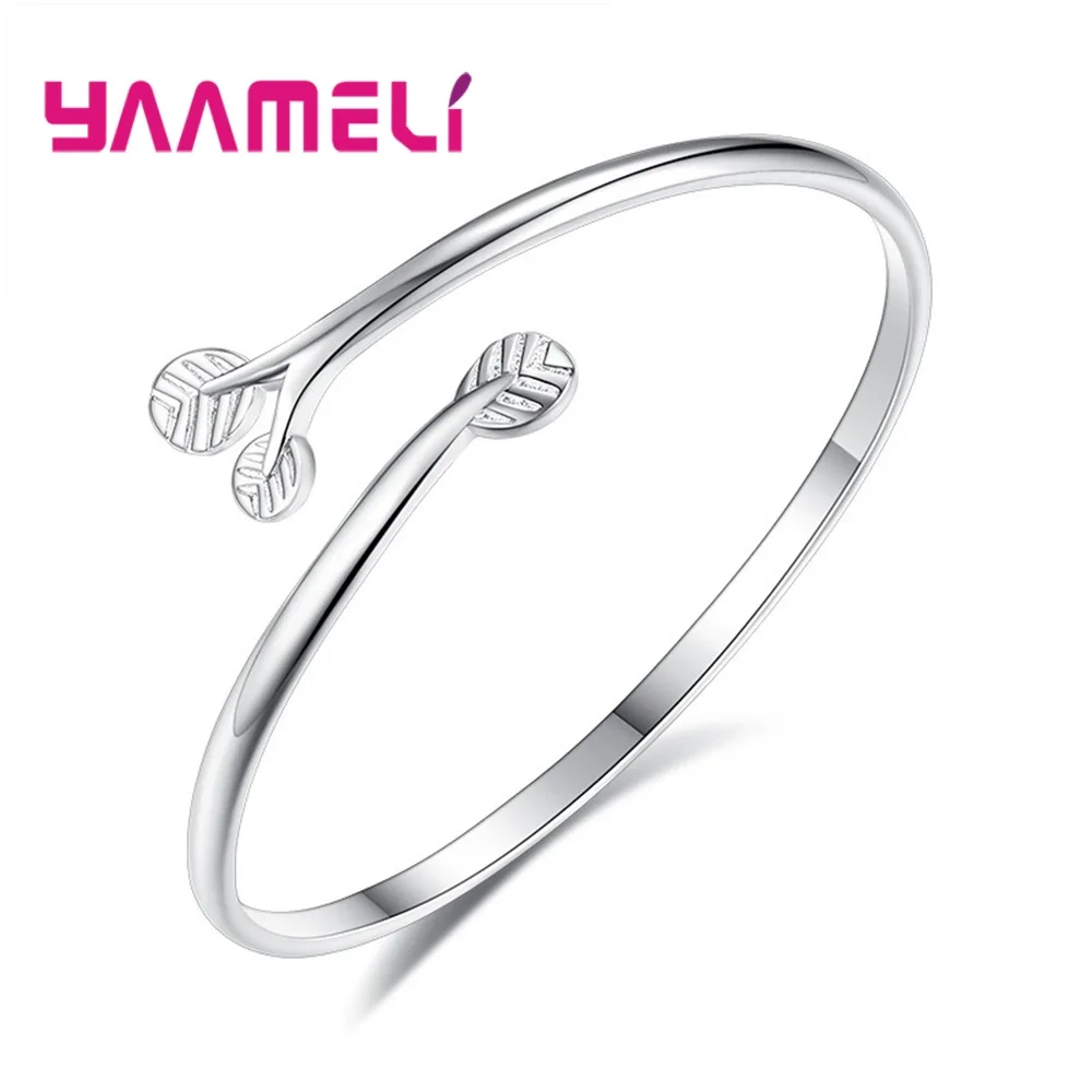 High-Quality-925-Sterling-Silver-Opening-Adjustable-Size-Bangle-Charming-Leaf-Branch-Design ...
